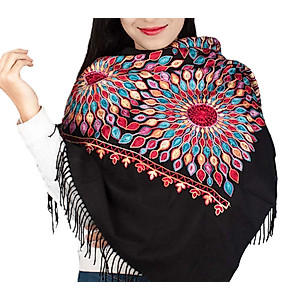 Urban CoCo Women's Embroidered Oversize Tassel Shawl Scarf Wraps for Women (Black)