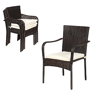 HAPPYGRILL 4 Pack Stackable Rattan Chairs Outdoor Patio Dining Chairs with Removable Cushions and Rustproof Steel Frame All-Weather PE Wicker Stacking Bistro Chairs for Balcony Garden Backyard