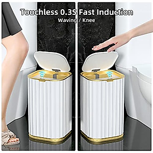 MOPALL 3.5 Gallon Automatic Trash Can,Waterproof Slim Touchless Bathroom Garbage Can with a Lid(White with Gold Trim)