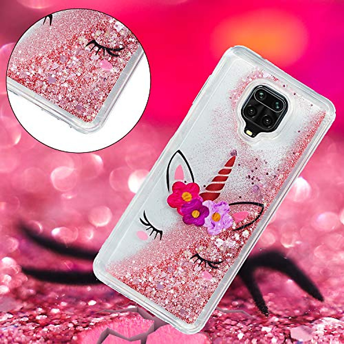 OOPKINS Glitter Liquid Case for Redmi Note 9 Pro Sparkle Floating Shiny Quicksand Clear Soft TPU Silicone Shockproof Protective Bumper Thin Cover for Redmi Note 9S Bling Eyelash Unicorn XY
