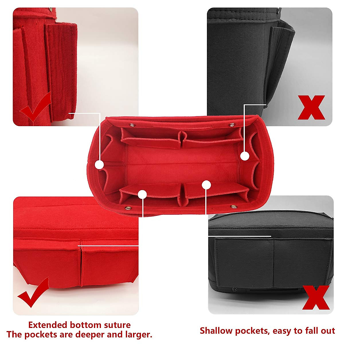 LEXSION Felt Purse Organizer Insert Bag organizer Multi Pocket Bag in Bag Organizer For Tote & Handbag Shaper 8008 Red L