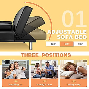 VICTONE Futon Sofa Bed Modern Faux Leather Couch Bed Convertible Folding Recliner for Living Room with 2 Cup Holders and Armrest (Black)