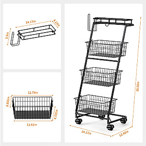 Auledio 4-Tier Fruit Vegetables Basket Bowl Rolling Storage Cart With Banana Hanger Paper Towels Holder , Black