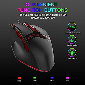 Yolispa USB Wired Mouse 10- Key Gaming Mouse with RGB Light 4- Level Adjustable DPI for Game Daily Office Work