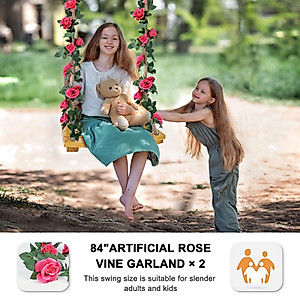 Premkid Wooden Swing, Swing Seat 18"x 8"x 1.4", Tree Swing for Adults and Kids, Indoor Swing with Rose Garland, Adjustable Hemp Rope Plus Tree Straps 100 inch, Swing Set for Indoor Outdoor
