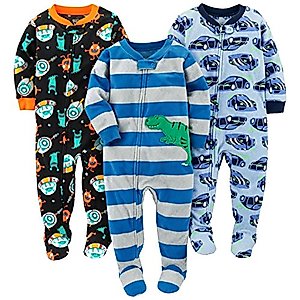 Simple Joys by Carter's Baby Boys' 3-Pack Loose Fit Flame Resistant Fleece Footed Pajamas, Cars/Dinosaur/Space, 12 Months