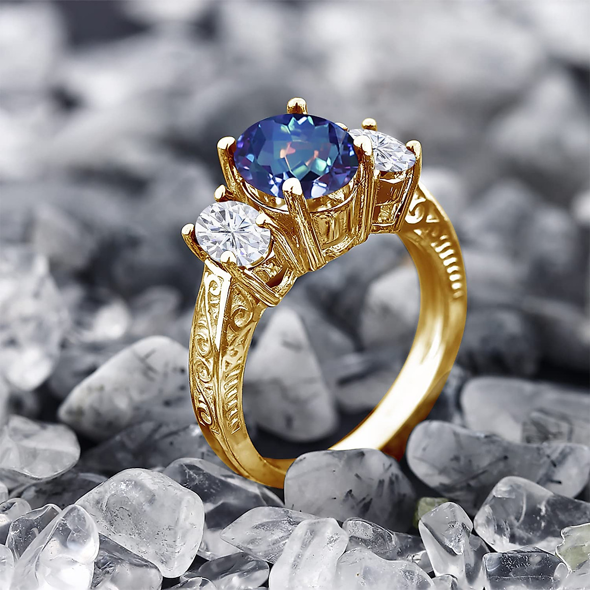 Gem Stone King 18K Yellow Gold Plated Silver 3-Stone Ring Oval Millennium Blue Mystic Quartz and Moissanite (2.80 Cttw) (Size 6)