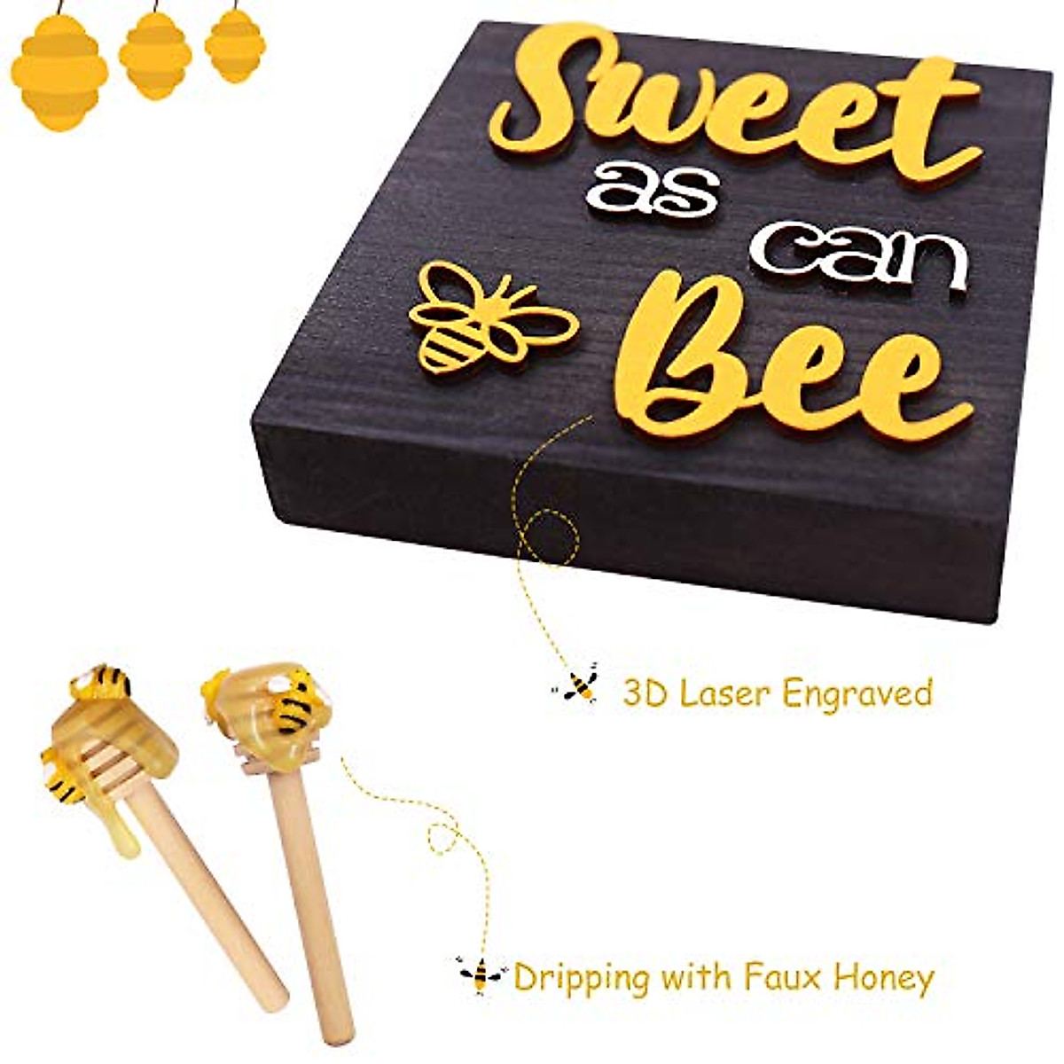 Huray Rayho Bee Wooden Sign Tiered Tray Decor Set of 5, Bee Happy Honeycomb 3D Letter Raised Laser Engrave Wood Block Bundle Honey Dippers Spring Summer Farmhouse Home Kitchen Bookshelf Table Decor