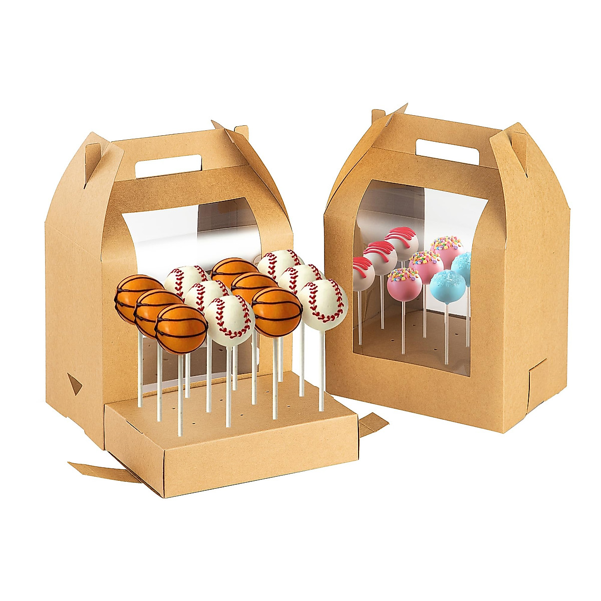 Hzzycaxli 6 Pcs Portable Cake Pop Packaging Box White Cake Pop Holder Cake Pop Stand 18 Holes 8.7 x 5.9 x 11.8 Inches with Clear Window Displaying Small Cake Box for Lollipops (Kraft paper)