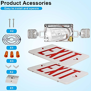 LED Exit Signs with Emergency Lights, Red LED Two Adjustable Head Emergency Exit Light with Backup Battery, AC 120V/277V, ABS Fire Resistant, UL Listed (1Pack)