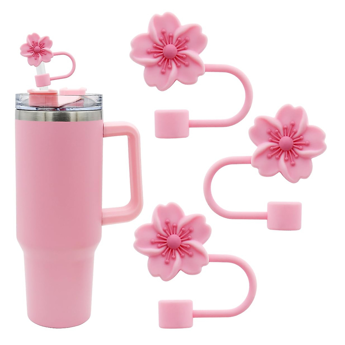 Meitesti 3pcs Cherry Blossom Silicone Straw Cover Cap for Stanley Cup,Straw Topper 10 mm 0.4 in Reusable Straw Tips Lids,Flower Straw Tip Covers Gift for Party Decor