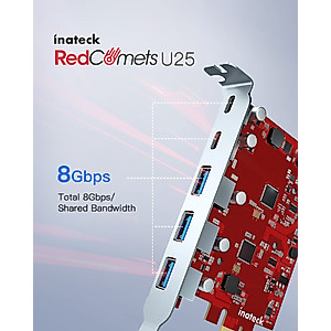 Inateck PCIe to USB 3.2 Gen 2 Extension Card with 5 Ports 8 Gbps Bandwidth,No External Power Source Required, RedComets U25