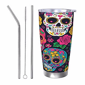 AYCZN Flower Mexico Skull 20 OZ Tumbler Stainless Steel Travel Coffee Mug, Floral Skeleton Insulated Water Bottle with Lid and Straws Leakproof Thermal Cup