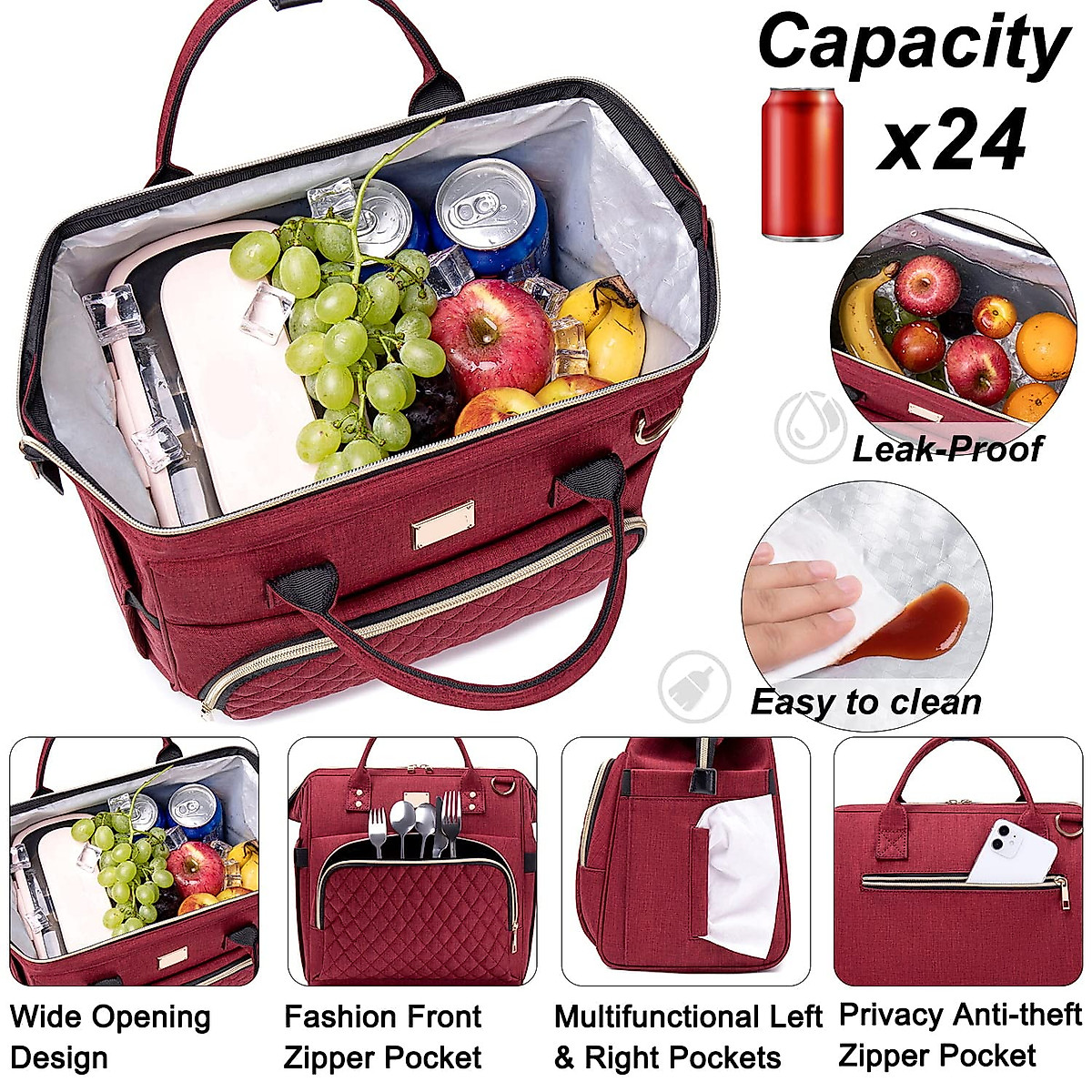 Artelaris Lunch Bags for Women, Insulated Lunch Bag, Large Leak Proof Lunch Cooler Bag, Lunch Tote Bag for Work, Meal Prep Lunch Box for Women, Red and Grey