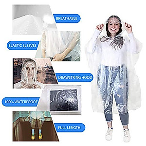 Disposable Rain Ponchos for Adult, Waterproof Plastic and Drawstring Hood, Clear (20 Pack)