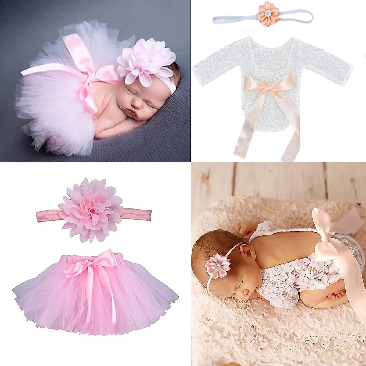 SPOKKI 4 PCS Newborn Photography Props Outfits-BabyTutu Skirt Cute Bow Headdress and Lace Rompers Sets for Infants Girl Boy