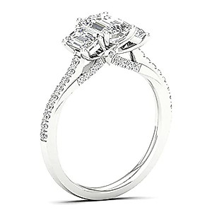 2 1/5 Ct Emerald Shape White Cubic Zirconia Three Stone & Side Stone Wedding Engagement Ring In 14K White Gold Plated 925 Sterling Silver (2.20 Cttw) Ring Size -7