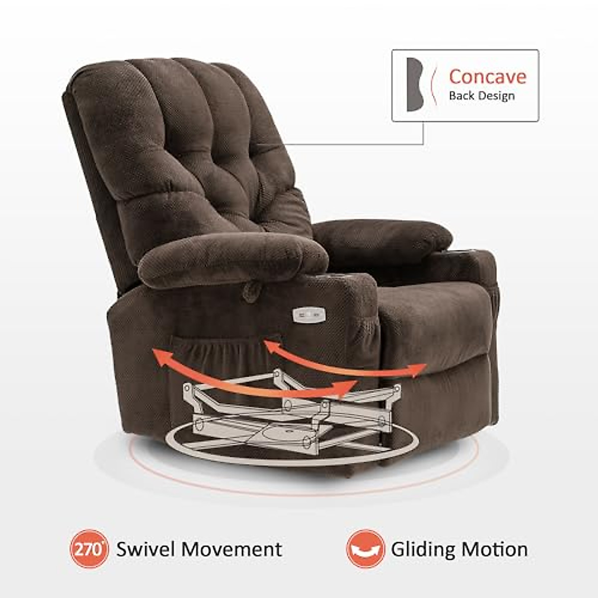 MCombo Electric Power Swivel Glider Rocker Recliner Chair with Cup Holders for Nursery, Hand Remote Control, USB Ports, 2 Side & Front Pockets, Plush Fabric 7797 (Brown)
