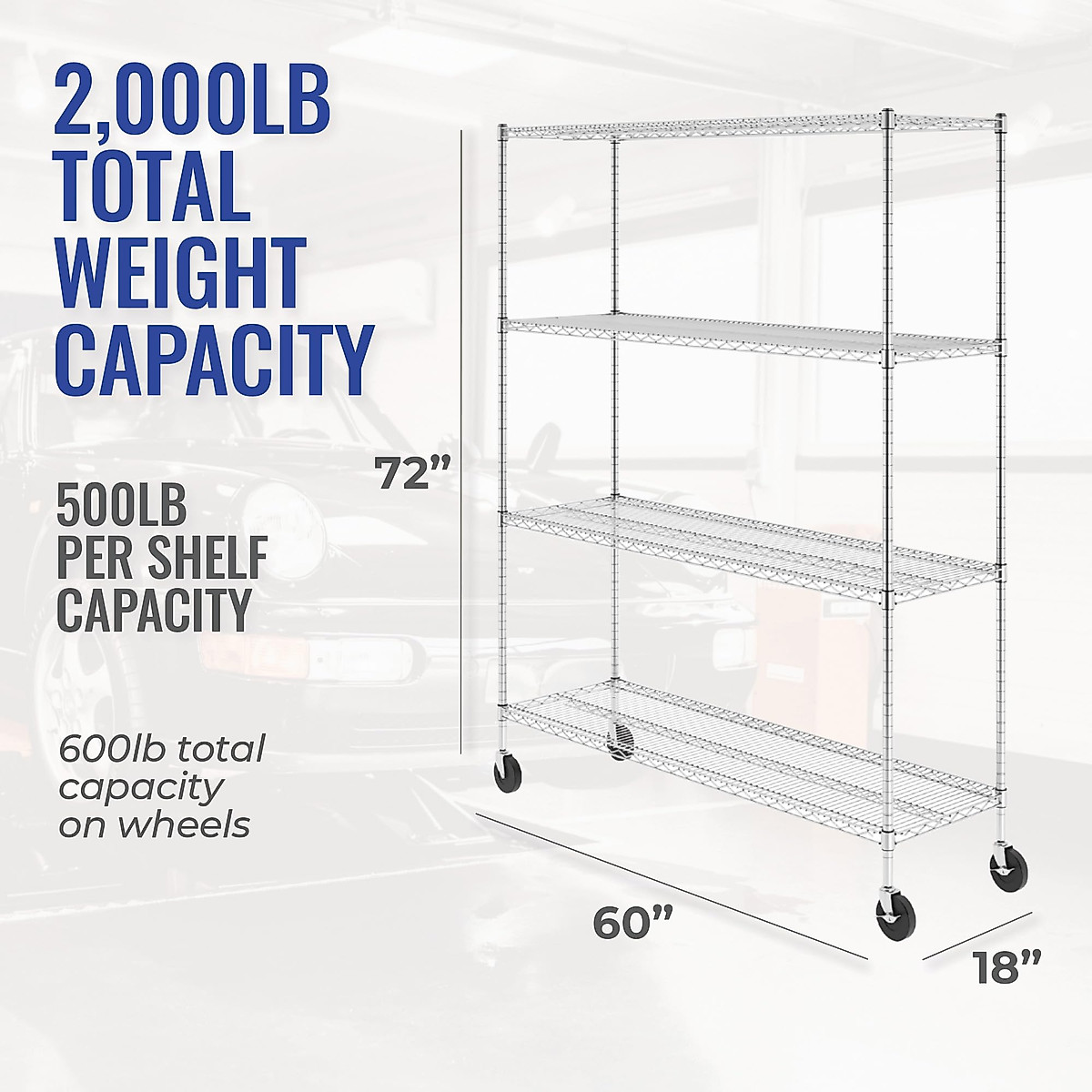 SafeRacks - NSF Certified Storage Shelves, Zinc, Heavy Duty Steel Wire Unit with Wheels and Adjustable Feet, Garage or Bakers Rack, Kitchen, Pantry Shelf - (18"x60"x72" 4-Tier) (Silver)
