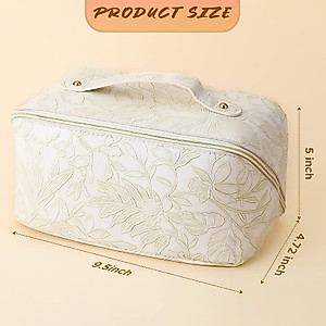 Large Capacity Travel Cosmetic,Makeup Bag Portable PU Leather Waterproof Flat Open Storage Bag with Handle Skincare Toiletry Bag for Women Graduation Gifts (White Embossed)