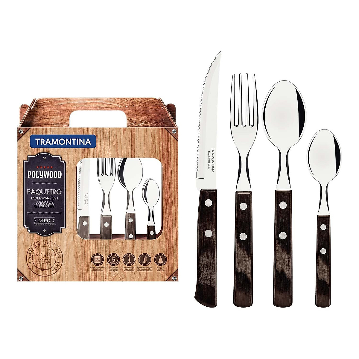 Tramontina Cutlery Set with Steak Knives, 24 Piece Sharp Knife, Forks, Teaspoons, Tablespoons with Wooden Handles, ‎Camping, Kitchen, Rustic, Dishwasher Safe, 21199905