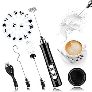 Electric Milk Frother Handheld with 3 Whisks - USB Rechargeable frother 3-Speed Adjustable Foam Maker Drink Mixer for coffee Latte Cappuccino Cake Egg Hot Chocolate
