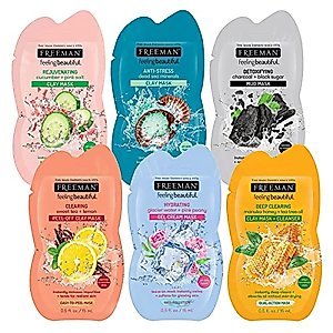 FREEMAN Facial Mask Variety Pack: Oil Absorbing and Anti Stress Clay, Detoxifying Charcoal Mud, Clearing Peel Off, Hydrating Gel Cream Beauty Face Masks, 6 count