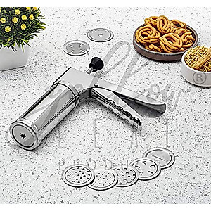 Yellow Leaf Products Stainless Steel Kitchen Press with 15 Different Types of Jalies, मखनी मुरुक्कू Maker/Bhujiya Maker/Noodles/Murukku/Cookies/chakli/Namkeen/Sev Maker (Steel, Stainless Steel)
