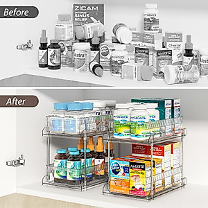 VIVAIVE 2 Tier Bathroom Organizer with Dividers,3 Set Clear Under Sink Organizers Storage Slide Out Bathroom Vanity Counter Storage Container for Kitchen Pantry Cabinet Closet, Medicine Organizer