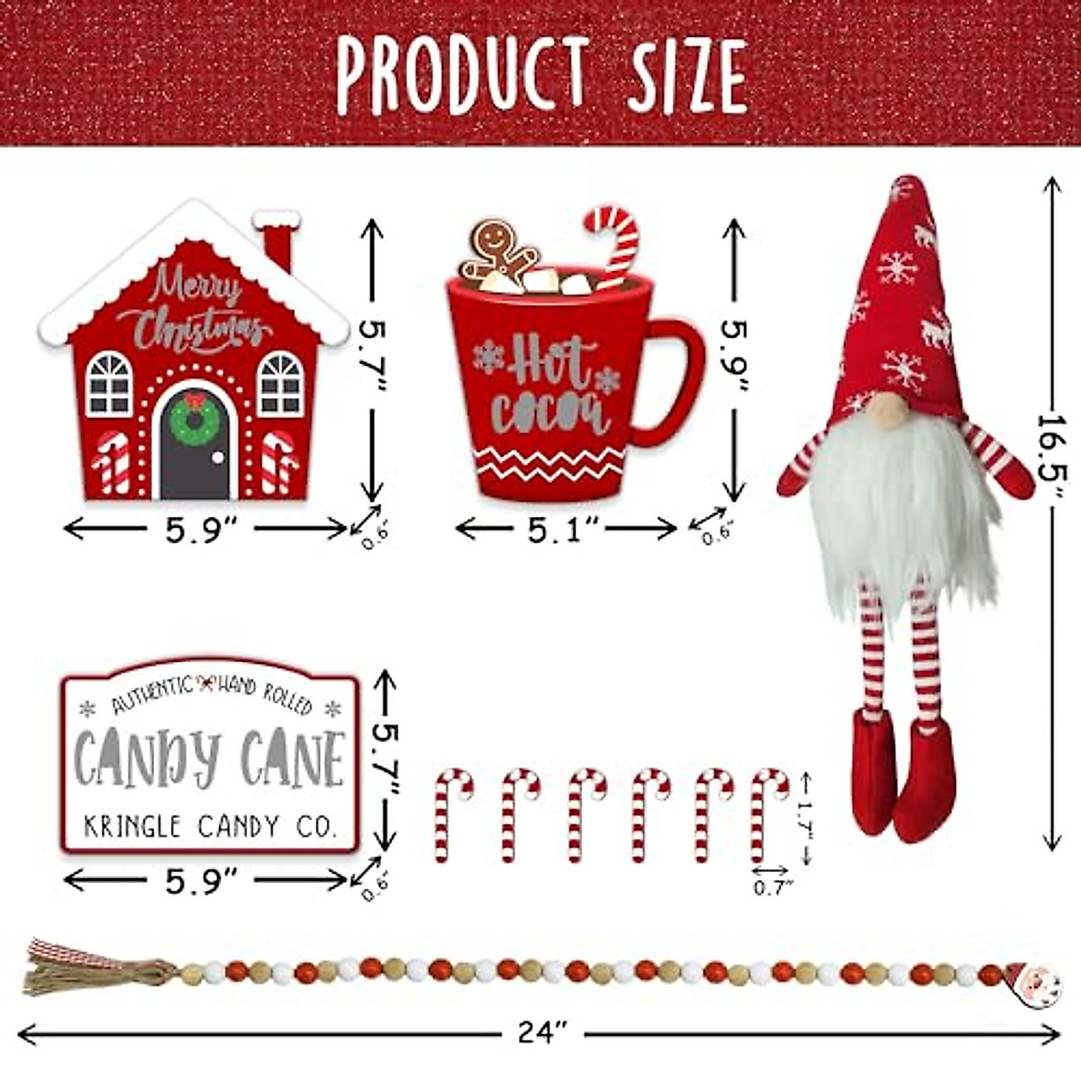 Christmas LED Tiered Tray Decor - Candy Cane, Xmas Plush Gnome, Wood Beads Garland & Mini Banner
