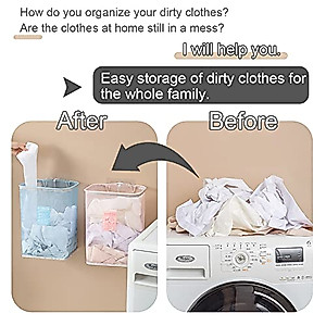 Hanging Laundry Hamper，Laundry Basket，Collapsible Clothes Hamper， Removable and Washable Bag, Metal Wire Frame ，Self-Adhesive ，For Bathroom Space Saving (Gray)
