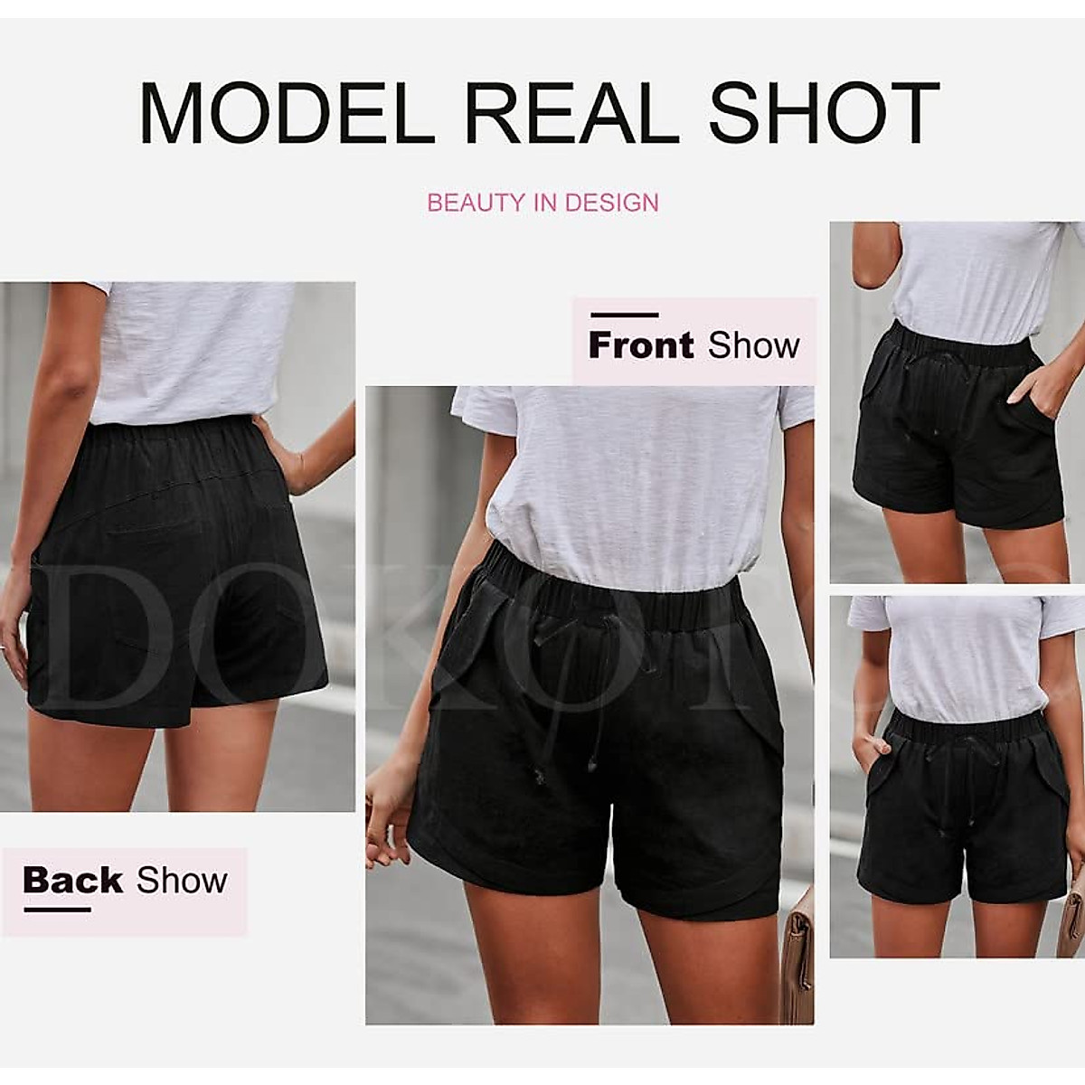 Dokotoo Womens Ladies Beach Casual Solid Drawstring Elastic Waist Loose Comfy Cotton Linen Shorts with Pocket Linen Shorts Pants Black X-Large