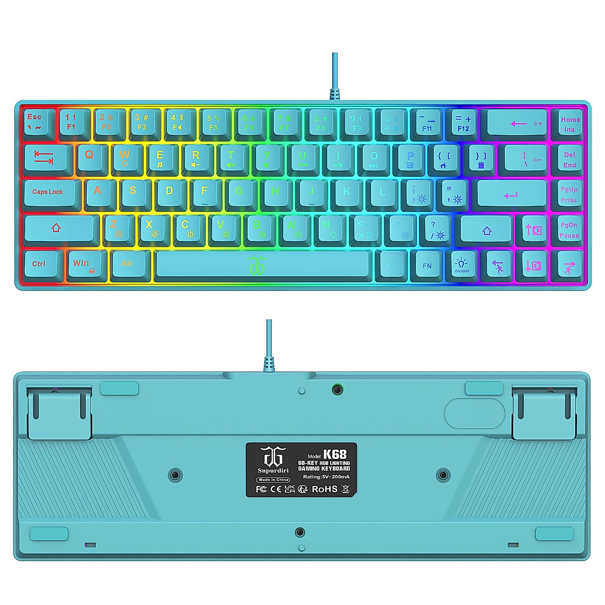 Snpurdiri 60% Membrane Gaming Keyboard,RGB Compact Wired Small Keyboard, Strong Mechanical Feel for PC/Mac Gamer, Typist, Travel, Easy to Carry on Business Trip(68 Keys,Blue)