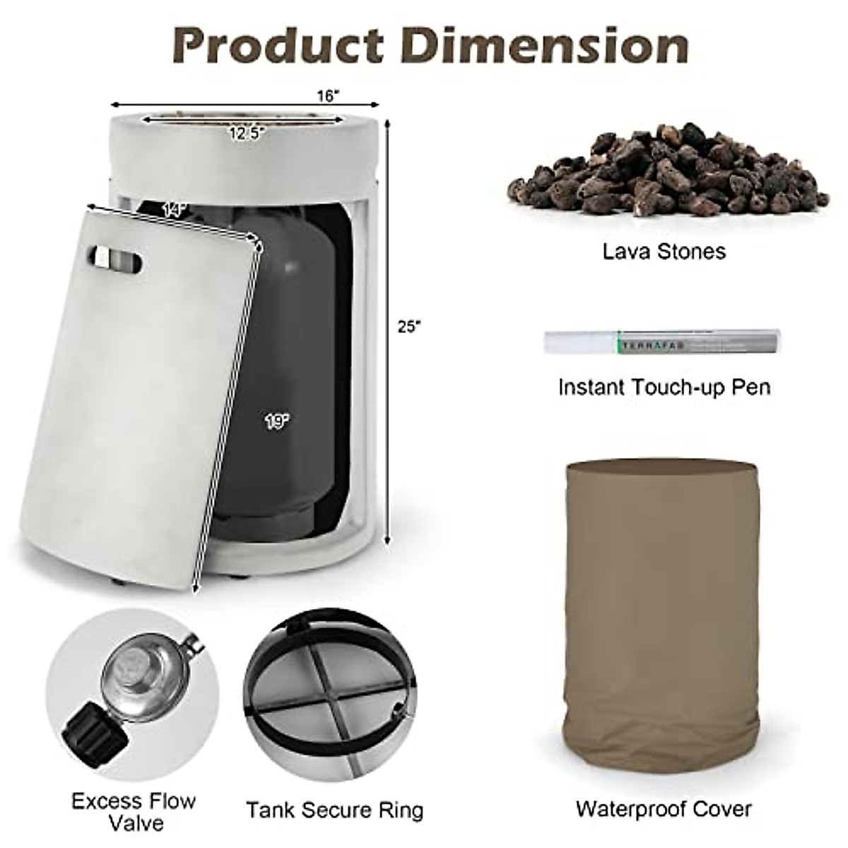 16 Inch Auto-Ignition Outdoor Gas Fire Pit Table, 30,000 BTU Steel Propane Round Firepit with Waterproof Protective Cover, CSA Certification, for Garden,Balcony Decor, Wood-Grain Pattern (White)