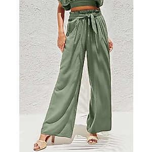 Sucolan Green Pants for Women Dressy Casual Wide Leg Pants High Waisted Business Work Pants Adjustable Tie Knot Loose Beach Flowy Palazzo Pants Sage Green L