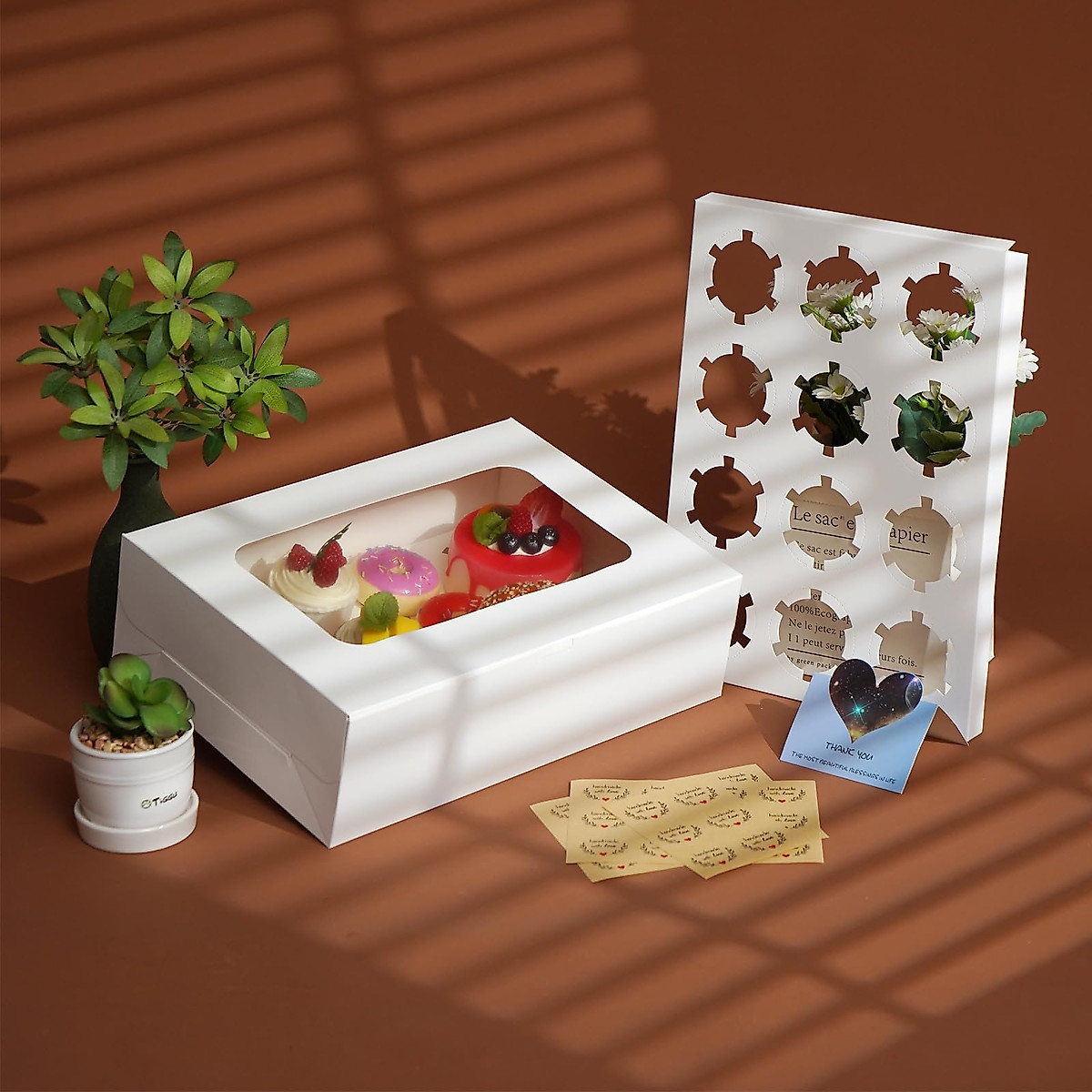 Yeplan 50 Packs Cupcake Boxes,9.4x6.1x3.14 Inches 6 Count Cupcake Box,White Cupcake Containers with Clear Window and Six Treat Holder,Pastry and Cookie Boxes,Bakery Boxes