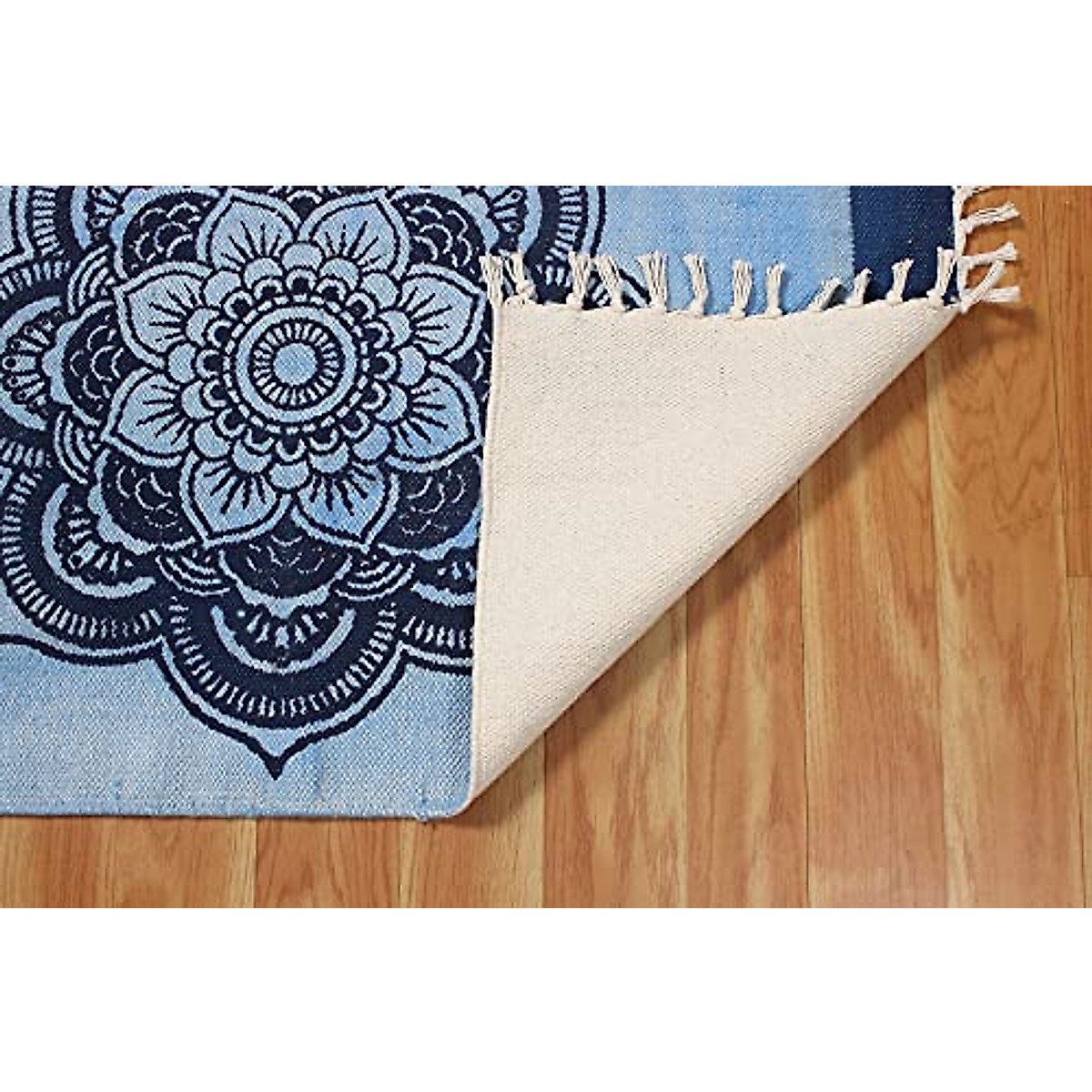 Casavani Indian Handmade Cotton Dhurrie Floral Blue & Black Area Rug Boho Kilim Flat Weave Rug Indoor Hall Room Decor Carpet Throw Rugs for Bedroom Living Room Bathroom Balcony 2x3 Feet