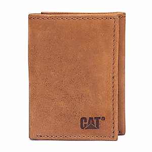 Caterpillar Men's Leather Trifold Wallet with ID Window, Tan, One Size