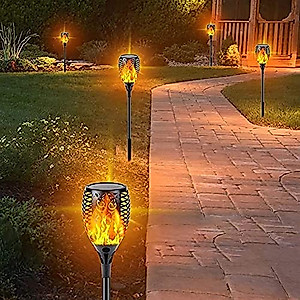 Solar Landscape Path Garden Lights Outdoor 3 in 1 Adaptors Deck Lighting Fence Post Light Dancing Flickering Flame Torch LED Wall Lamp Waterproof for Yard Porch Patio 4 Pack