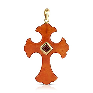 Regalia by Ulti Ramos Genuine Jade Hand Carved Cross Pendant in 14K Yellow Gold with Gemstone (Red Jade)
