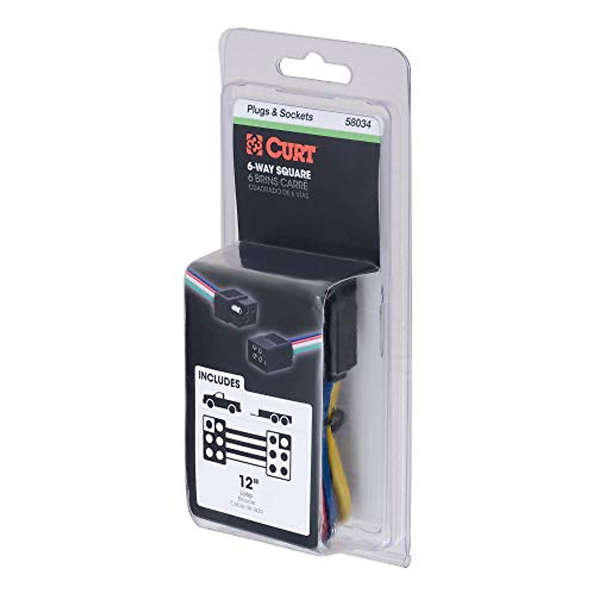 CURT 58034 Vehicle-Side and Trailer-Side 6-Pin Square Wiring Harness Connectors with 12-Inch Wires