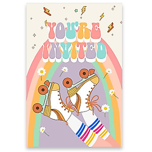 Retro Roller Skate Birthday Party Invitations with Envelopes Set of 20 Let's Roll Skating Party Invitations Kids Rainbow Skate Invites Fill in Blank