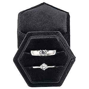 Premium Velvet Ring Bearer Box for Proposal Engagement Wedding Ceremony - Hexagon Vintage Double Ring Display Holder with Detachable Lid (Black)