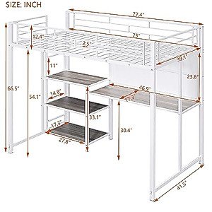 Tensun Metal Twin Size Loft Bed Frame with Desk and Whiteboard,3 Shelves and Ladder for Bedroom for Boys Girls Adult,Space-Saving/Noise Free/No Box Spring Needed - White
