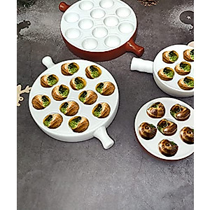 jinsongdafa Ceramic Escargot Plates (2-Pack) 6.22-Inch with Handle Footed Dishes, Oven Safe Holes Set for Home Restaurant Hotel (Brown, 6.22 inch)