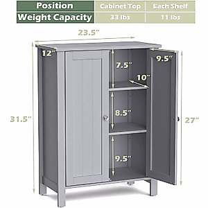 LUARANE Wooden Bathroom Floor Storage Cabinet, Side Storage Organizer Cabinet with Double Doors and Adjustable Shelves, Free Standing Sideboard for Entryway Bathroom Kitchen (Grey)