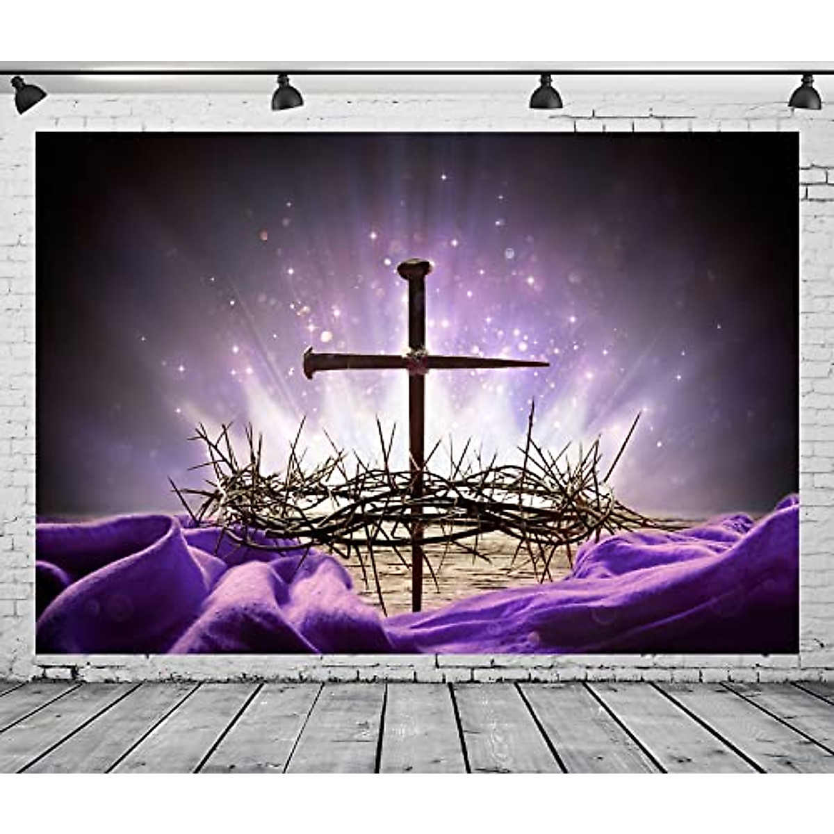 Loccor Fabric 7x5ft Crucifixion of Jesus Backdrop Crown of Thorns Cross Nail Holy Light Photography Background Purple Easter Religious Banner Christian Church Event Party Decoration Photo Booth Props