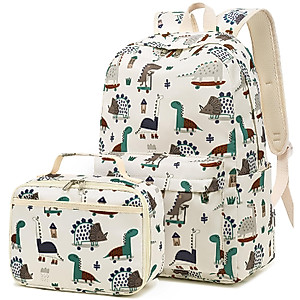 LEDAOU Kids School Backpack with Lunch Box for Boy Kindergarten BookBag School Bag Preschool Kindergarten Toddler Backpack (Dinosaur Beige)