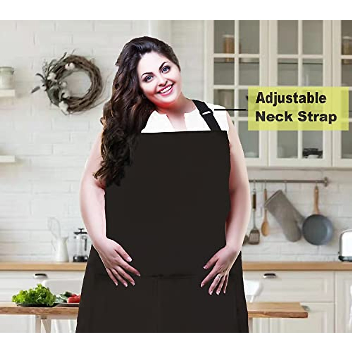 MissOwl Plus Size Adjustable Bib Apron Waterdrop Resistant with 2 Pockets Extra Large Chef Apron Kitchen Cooking for Women Men Black