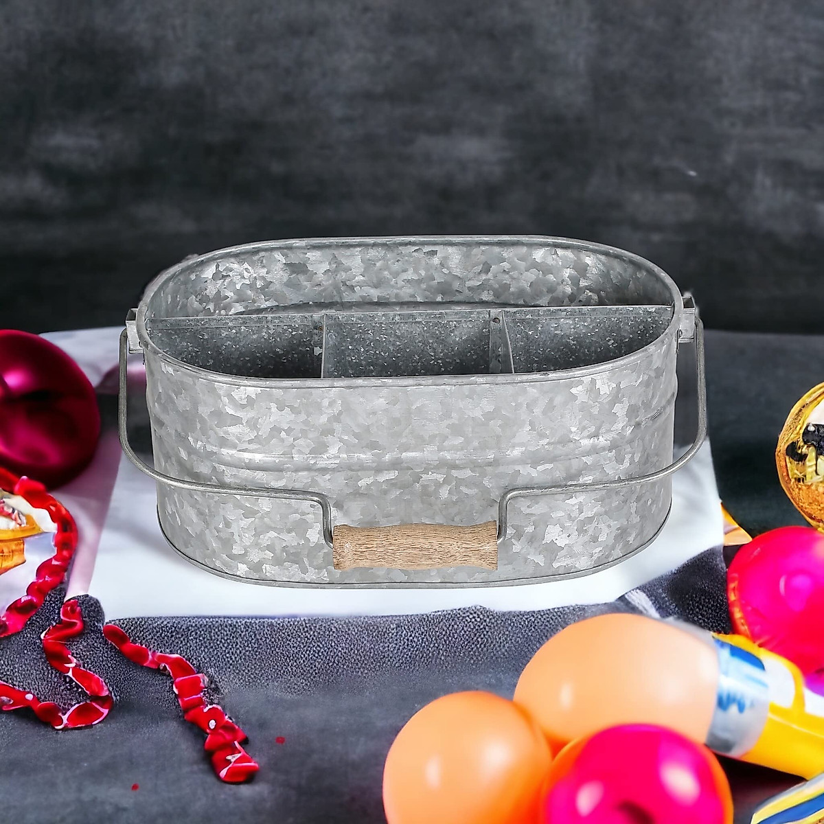 Alpha Living Home Utensil Caddy, Silverware Caddy Party, Silverware Caddy, Picnic Caddy, Flatware Caddy, Paper Plate Caddy, Galvanized Utensil Caddy, Utensil Caddy for Countertop 13.5 inch- Natural